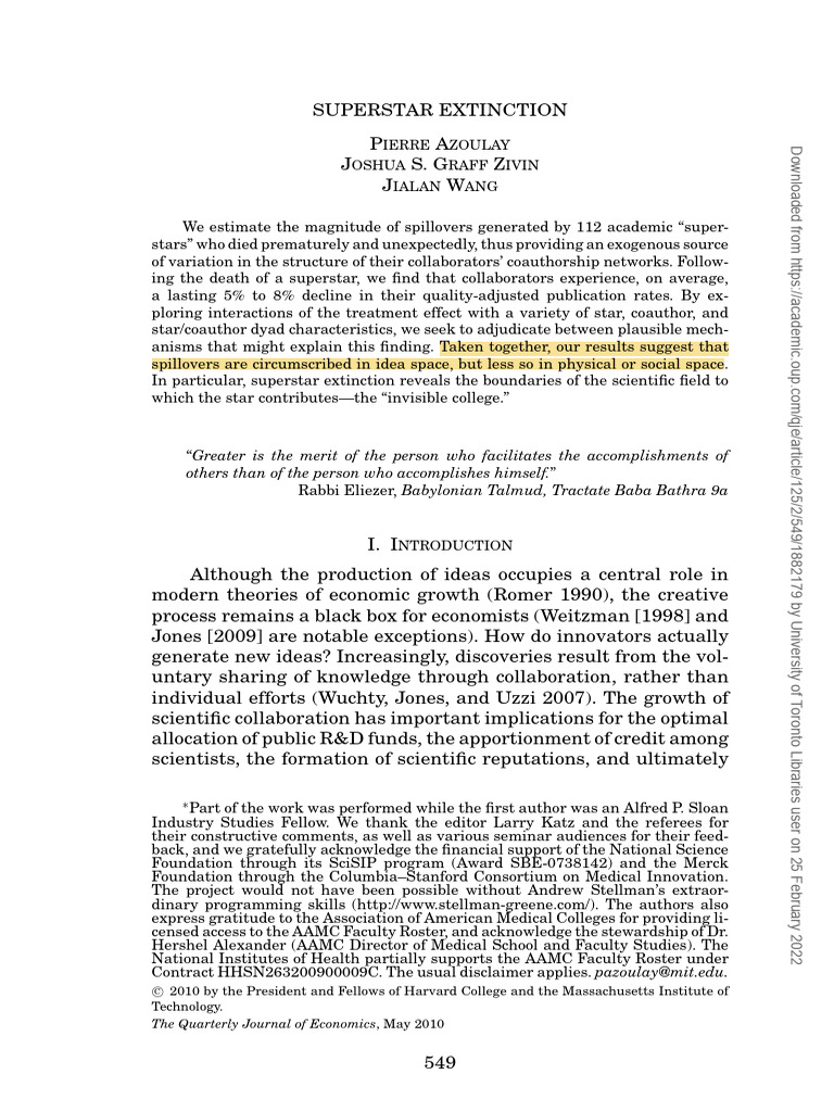 Azoulay Et Al. 2010 - Superstar Extinction | PDF | Innovation | Science