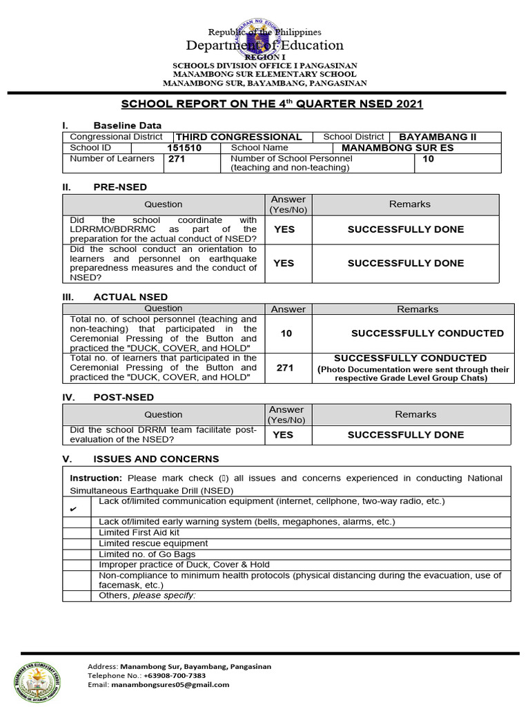 SCHOOL REPORT ON THE 4th QUARTER NSED 2021 | PDF | Telecommunications