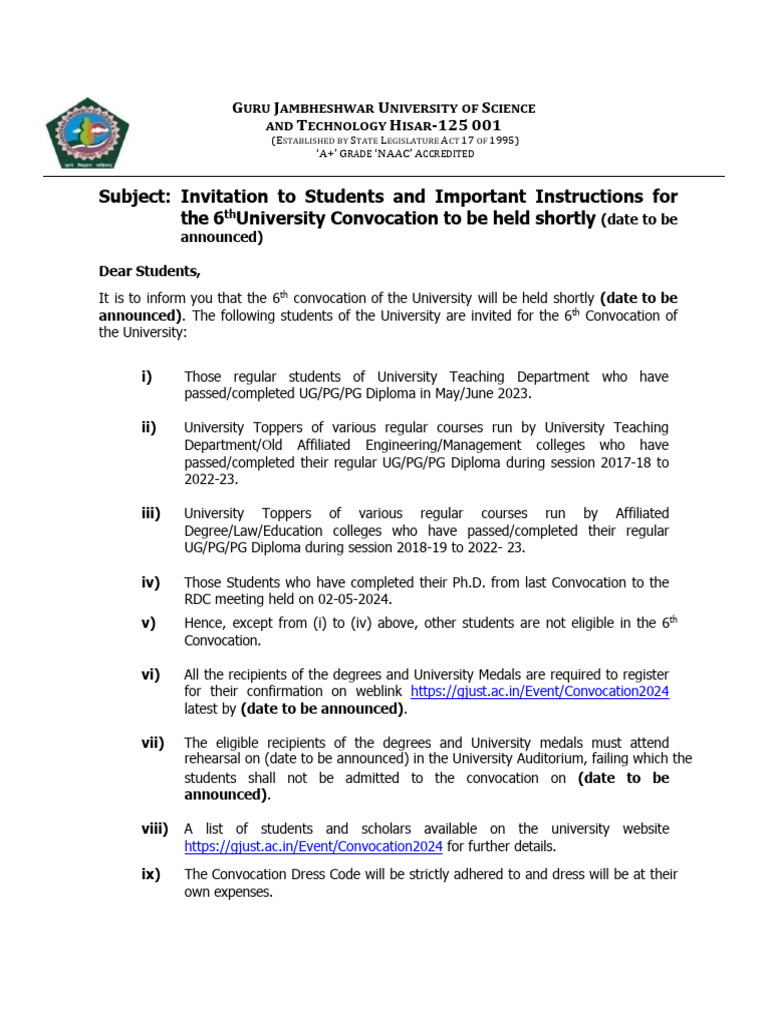 6th Convocation Invitation and Guidelines | PDF | Clothing | Fashion