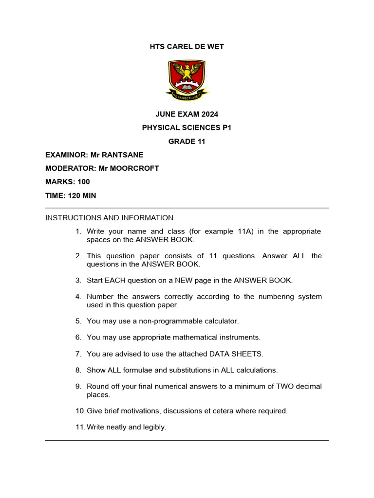June Exam G11 Draft | PDF | Force | Friction