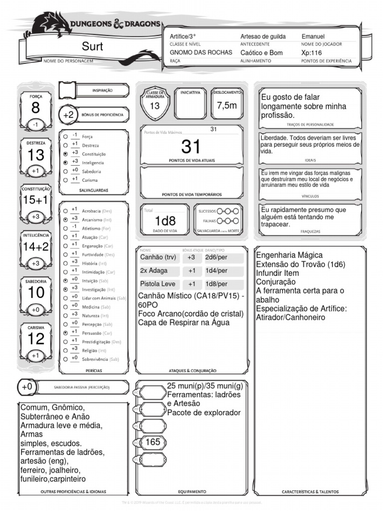 Ficha Oficial D&D 5E Editável | Download grátis PDF | Armas de fogo