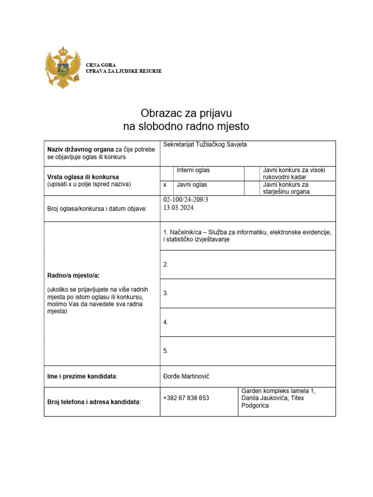 Obrazac Za Priajvu Na Radno Mjesto | PDF