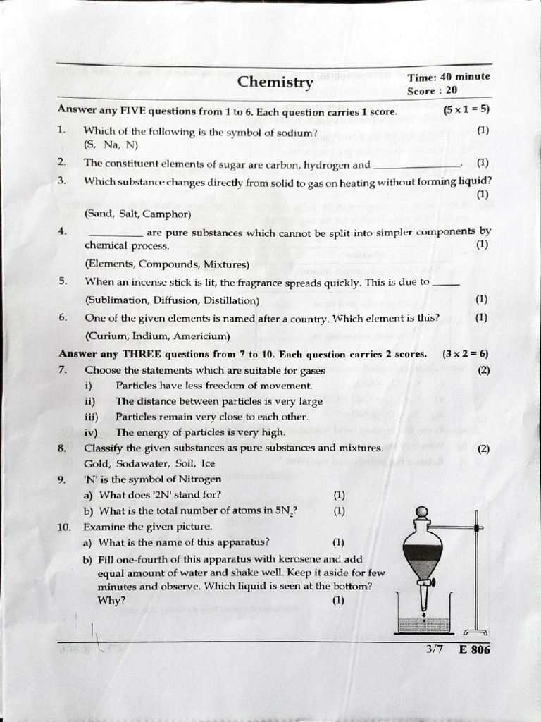 Kerala Class 8 First Term Onam Exam Chemistry Question Paper 2022 (Eng Med) | PDF
