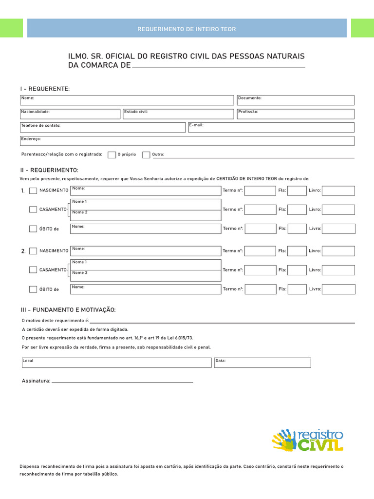 Requerimento Inteiro Teor CRC (1) | Download grátis PDF | Justiça ... Requerimento Inteiro Teor CRC (1) | Download grátis PDF | Justiça ...