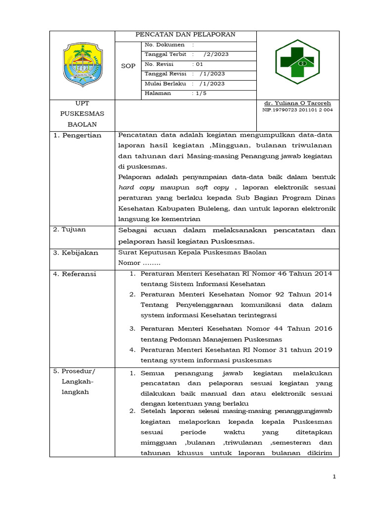 Sop Pencatatan Dan Pelaporan | PDF