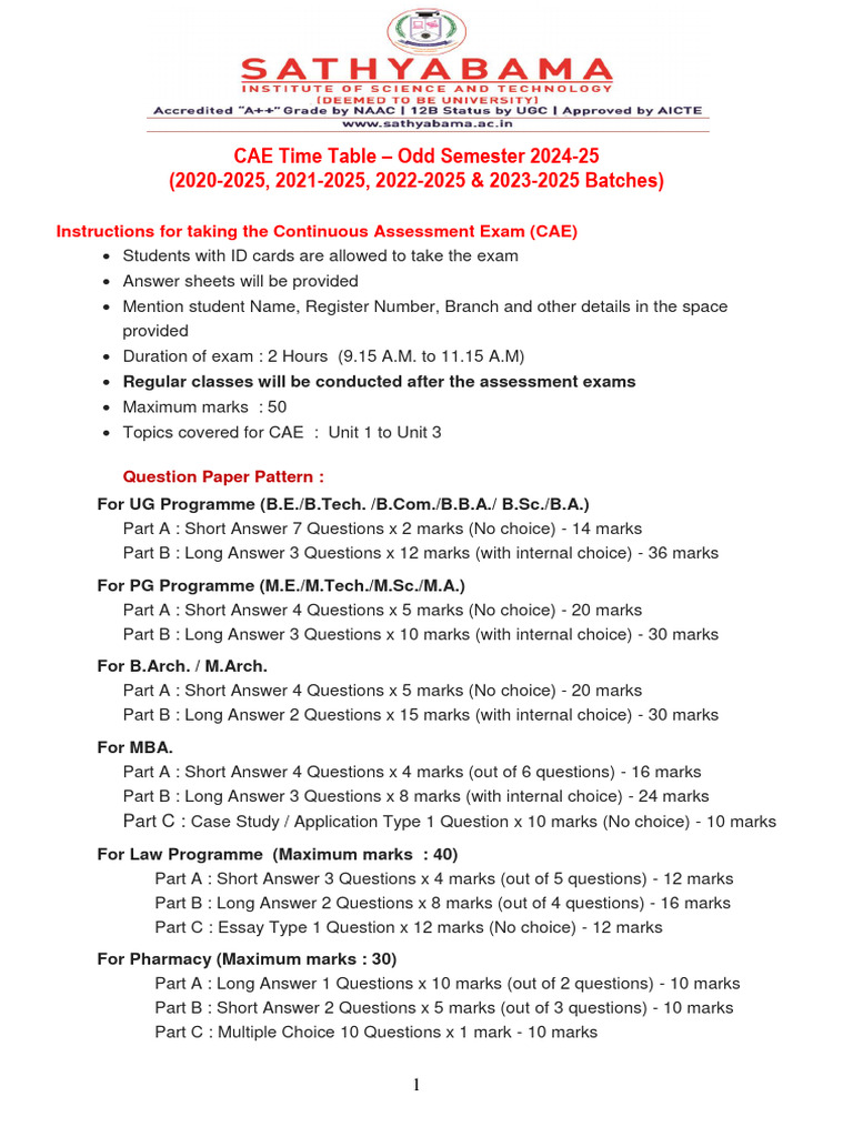 CAE 1 Time Table 2020-2025, 2021-2025, 2022-2025 & 2023-2025 Batches ...