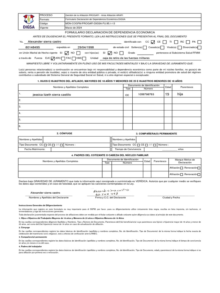 Formulario Declaración de Dependencia Económica DIGSA | PDF