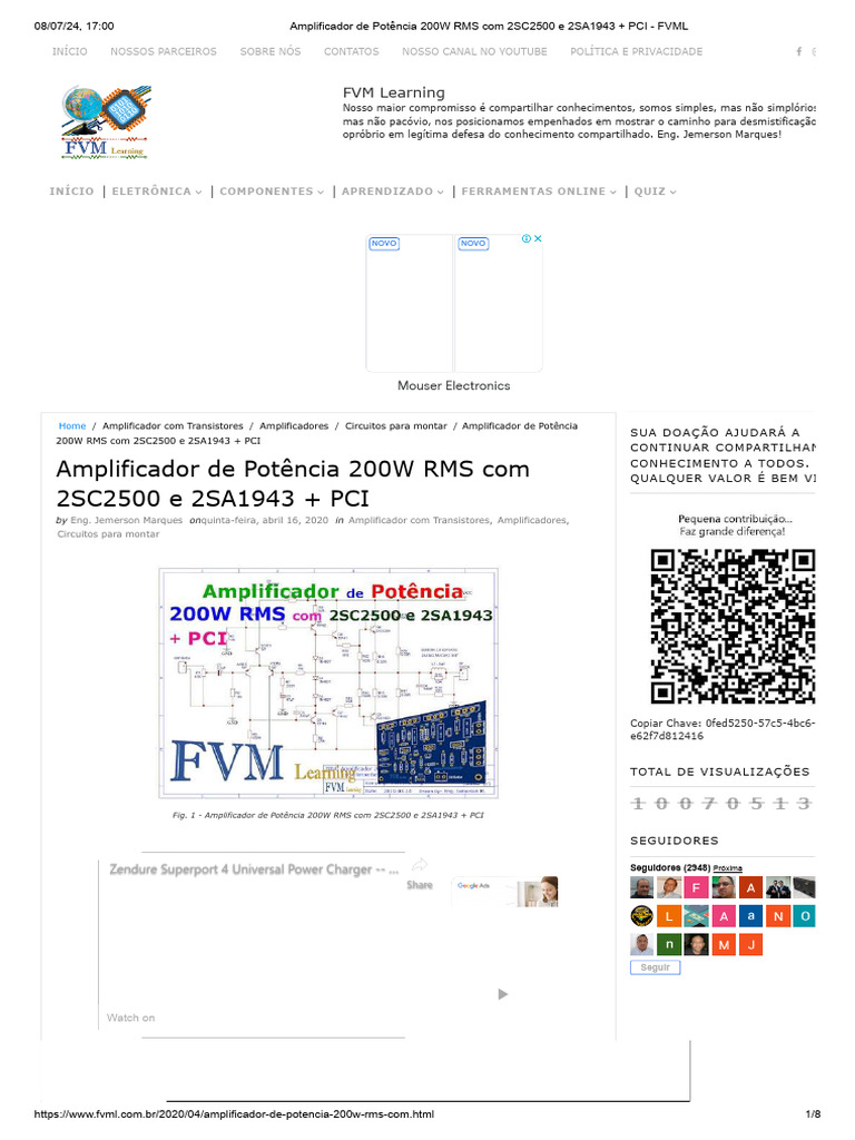 Amplificador de Potência 200W RMS Com 2SC2500 e 2SA1943 + PCI - FVML | PDF | Resistor | Fonte de ...