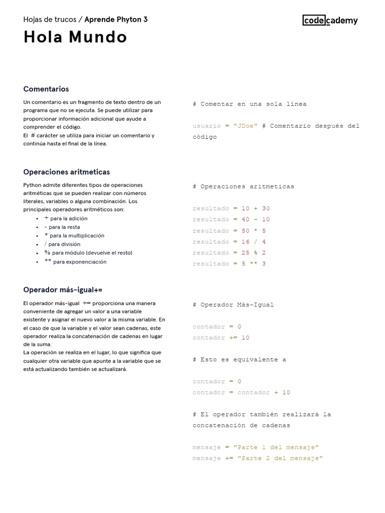 Learn Python 3 Hello World Cheatsheet Codecademy Pdf Python Lenguaje De Programación