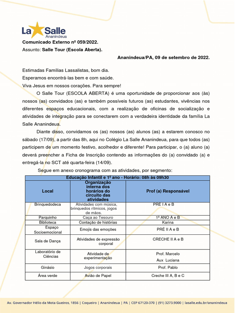 Comunicado Externo 059 - 2022 - Evento Salle Tour | PDF