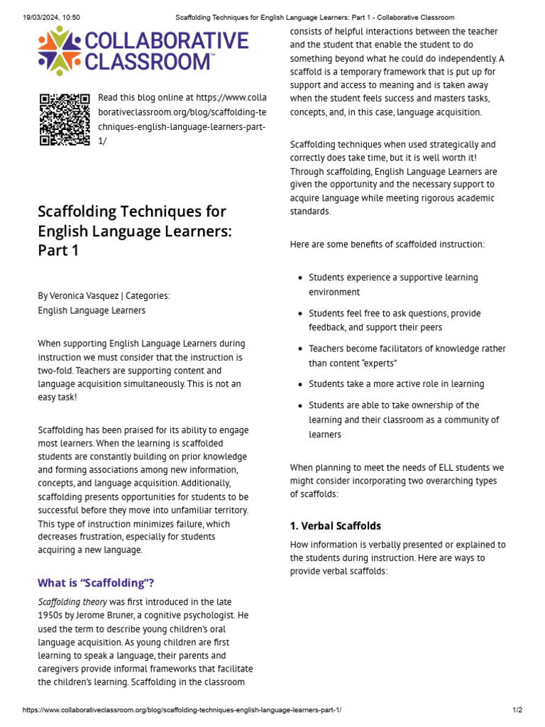 Scaffolding Techniques For English Language Learners - Part 1 - Collaborative Classroom | PDF ...