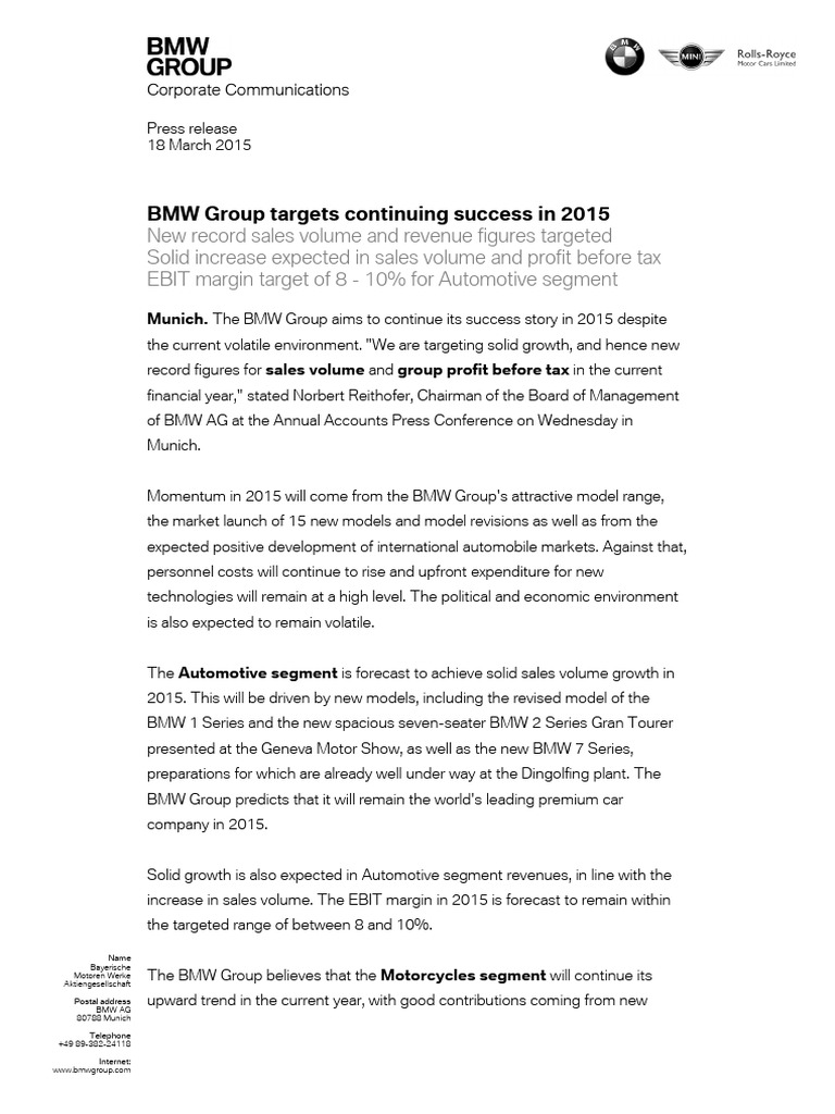 BMW Group 2015 Purchase Volume Insights | PDF | Bmw | Dividend