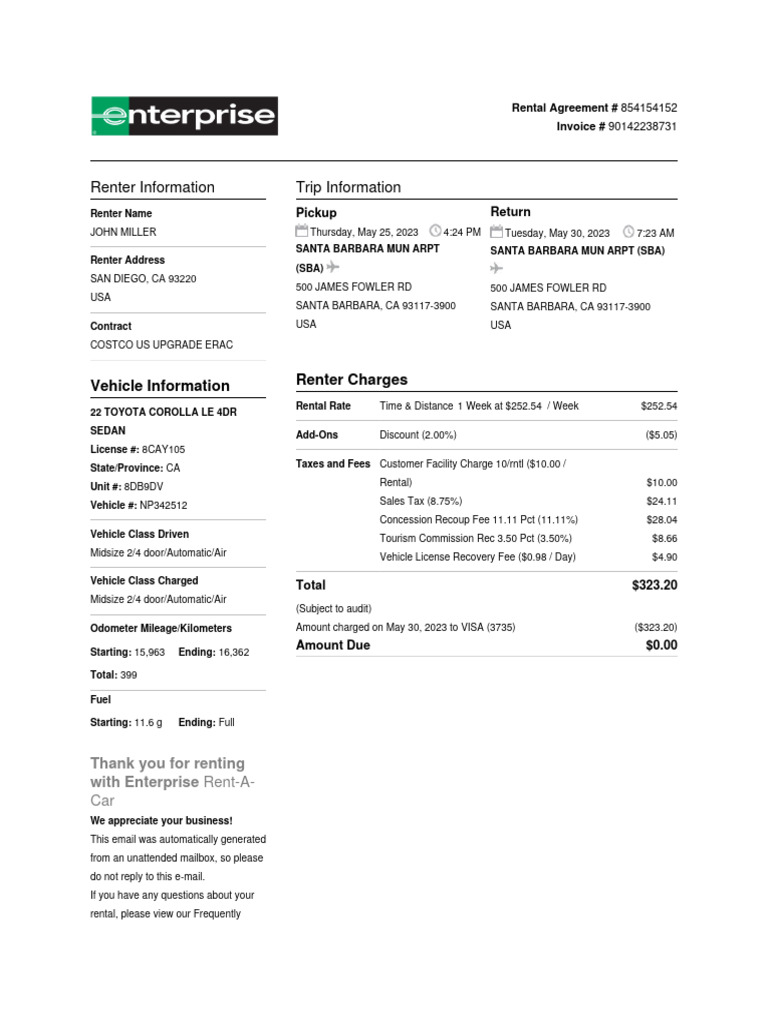 Enterprise Rental Car Invoice Template | PDF | Renting | Motor Vehicle