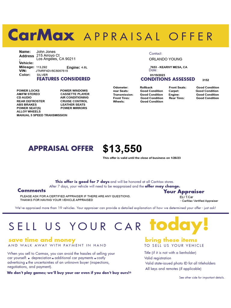 Carmax Appraisal Offer Template | PDF | Car | Wheeled Vehicles