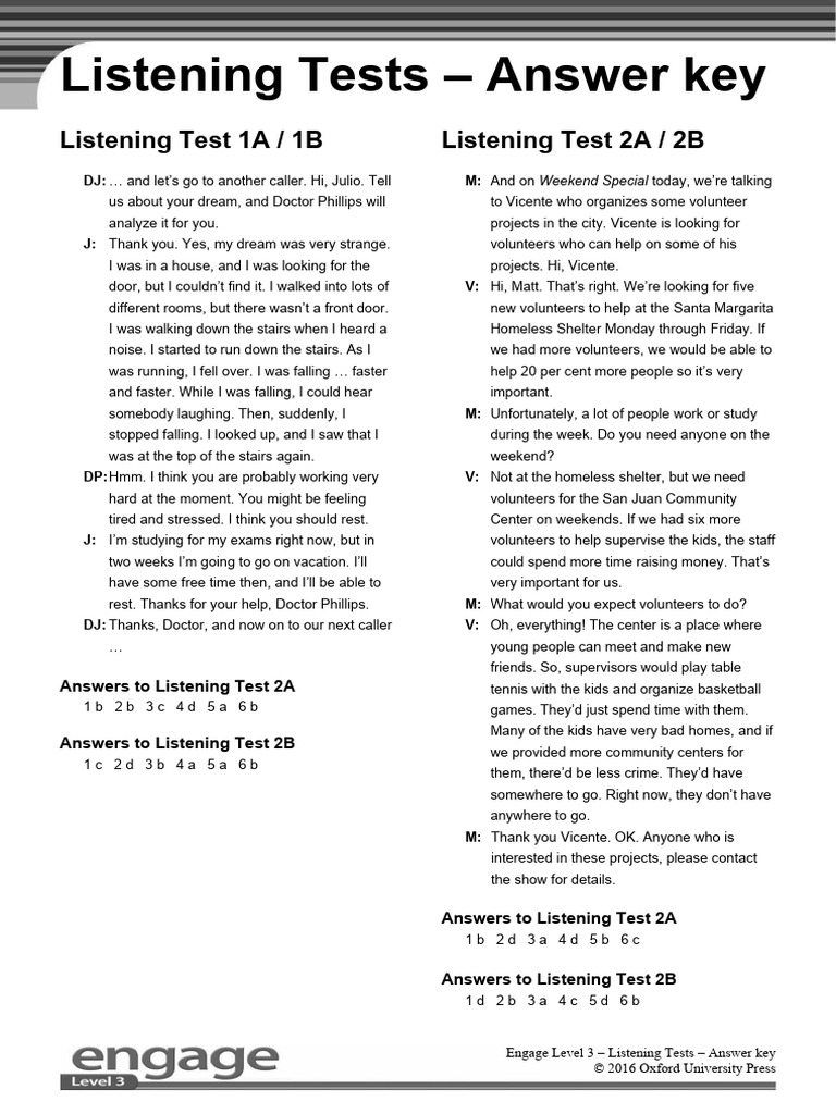 Eng Level3 Listen Tests Key | PDF