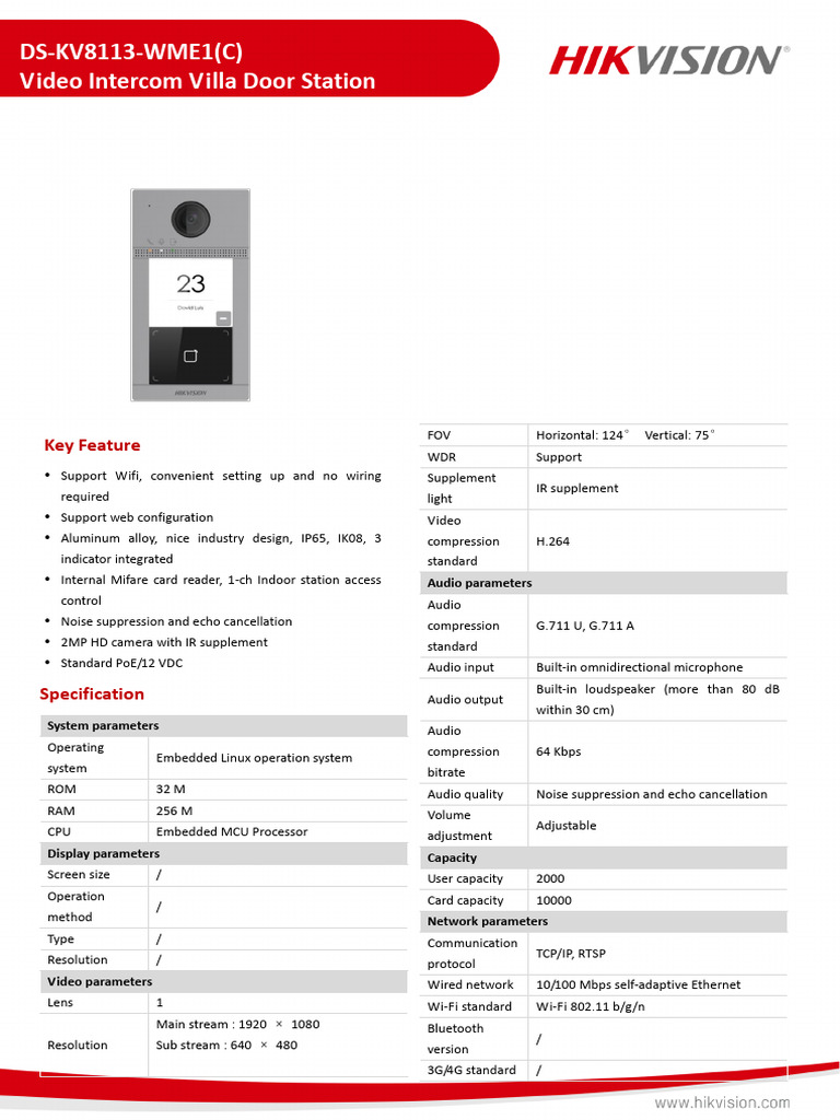 DS-KV8113-WME1(C) Intercom Specs | PDF | Wi Fi | Ieee 802.11