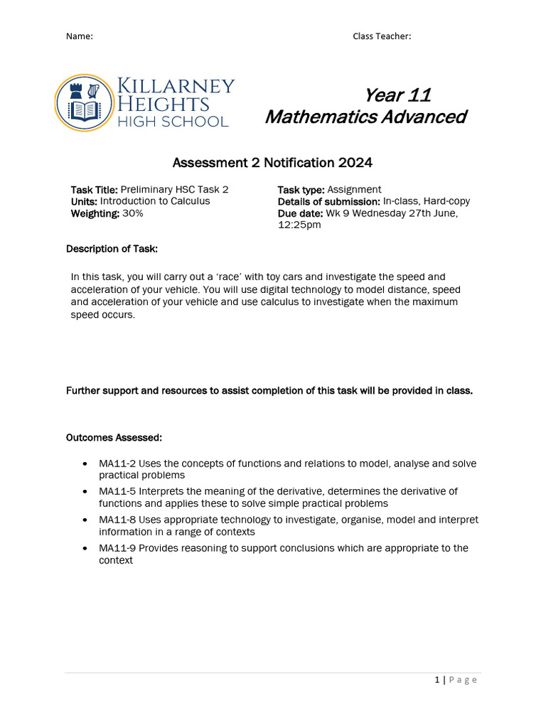 2024 Mathematics Advanced Task 2 Assessment Notification | PDF | Derivative | Mathematics