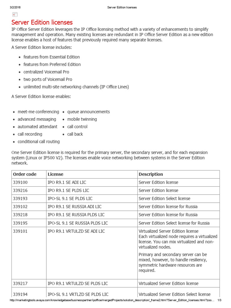 IP Office Server Edition Licenses | PDF | Voicemail | Server (Computing)