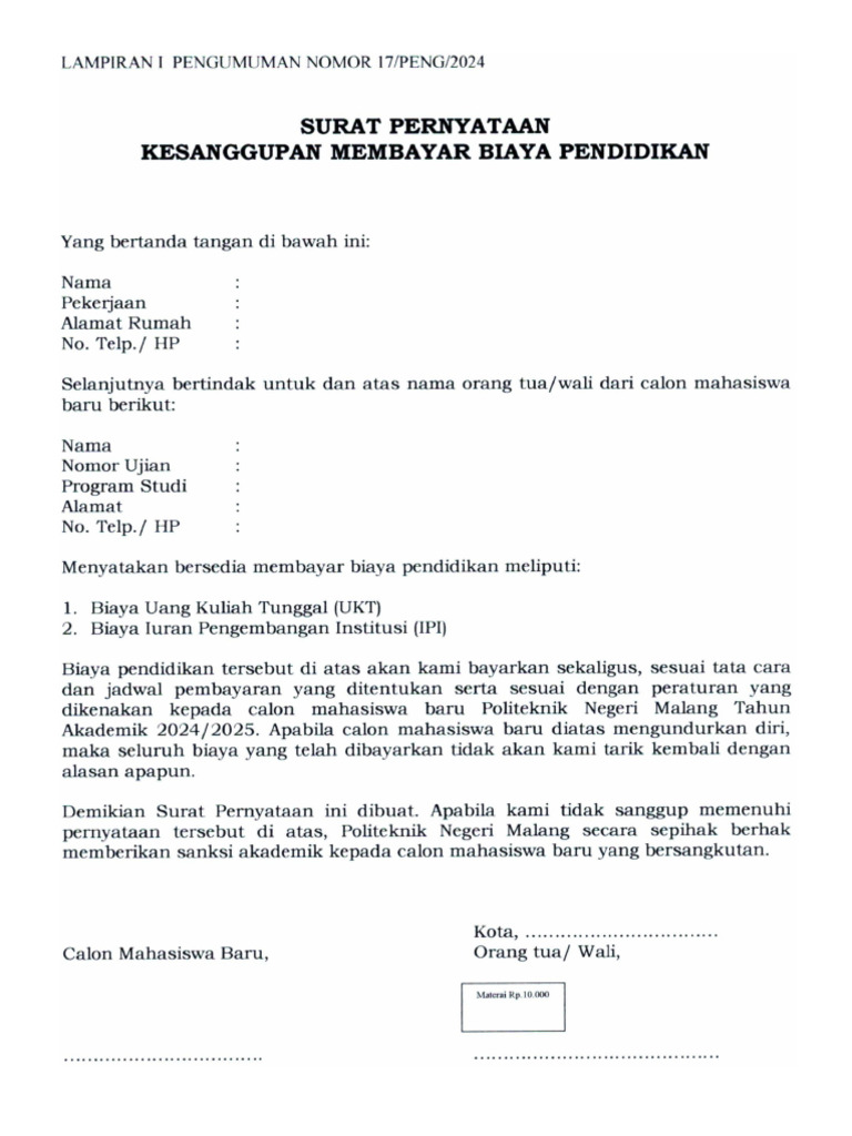 Surat Pernyataan Kesanggupan Membayar Biaya Pendidikan Polinema | PDF