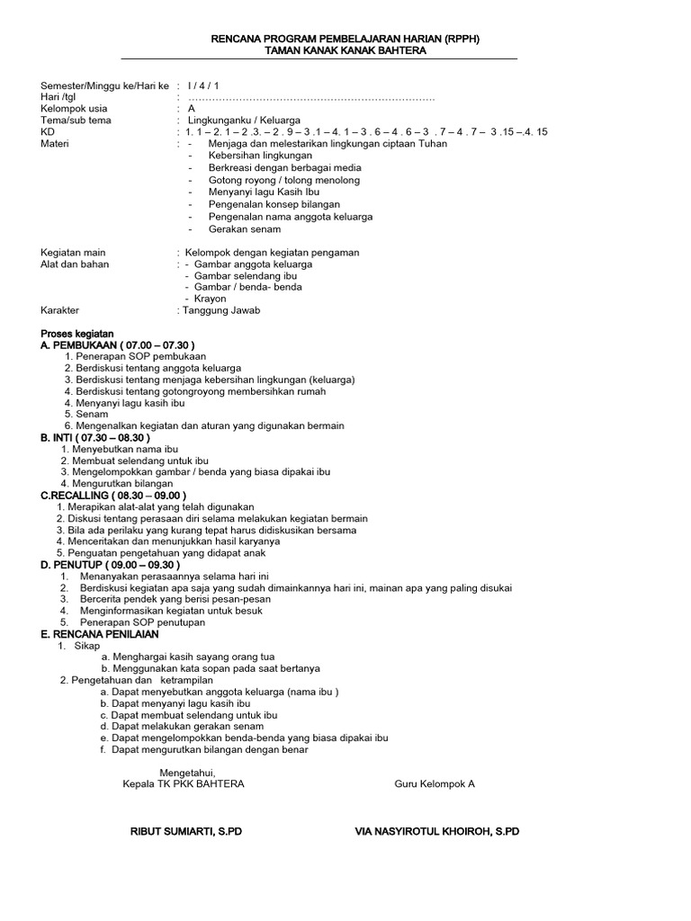 RPPH Tema Lingkunganku 4-5 Tahun Semester I | PDF | Kajian Bahasa Asing ...