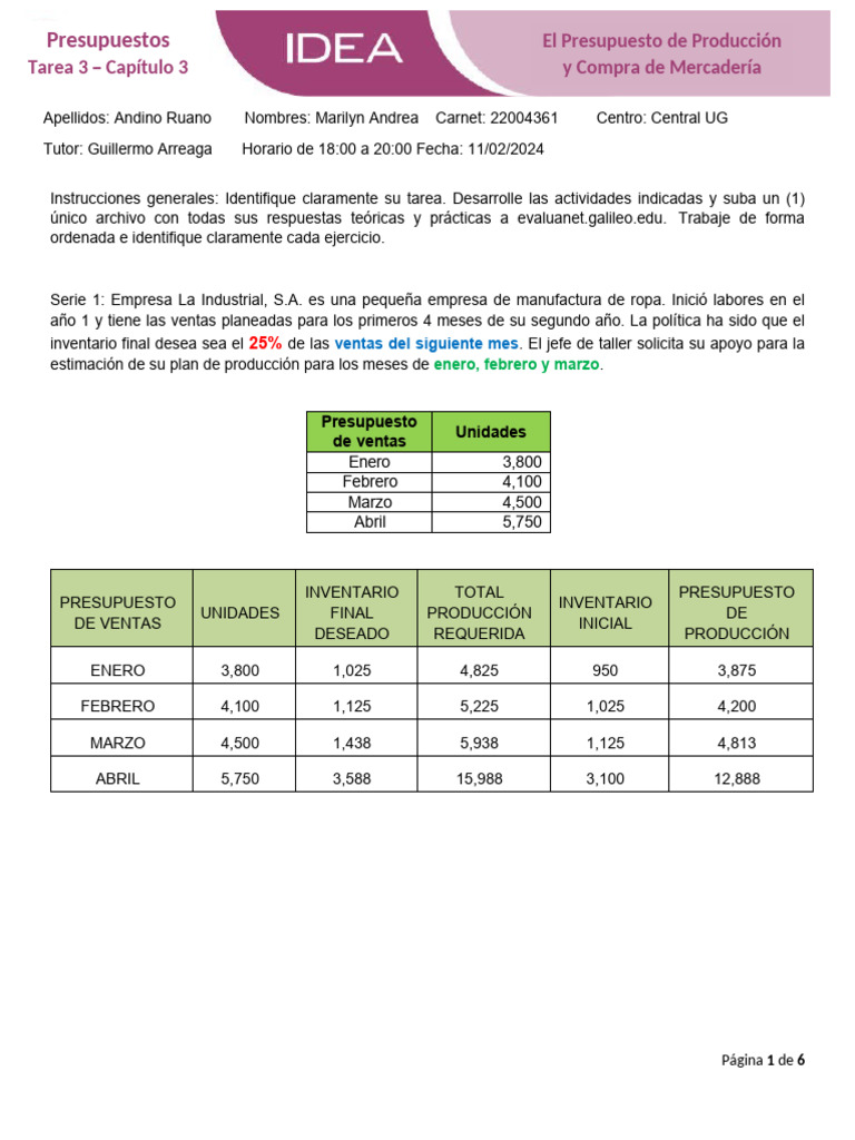 Tarea 3, Presupuestos, Andrea Andino | PDF | Presupuesto