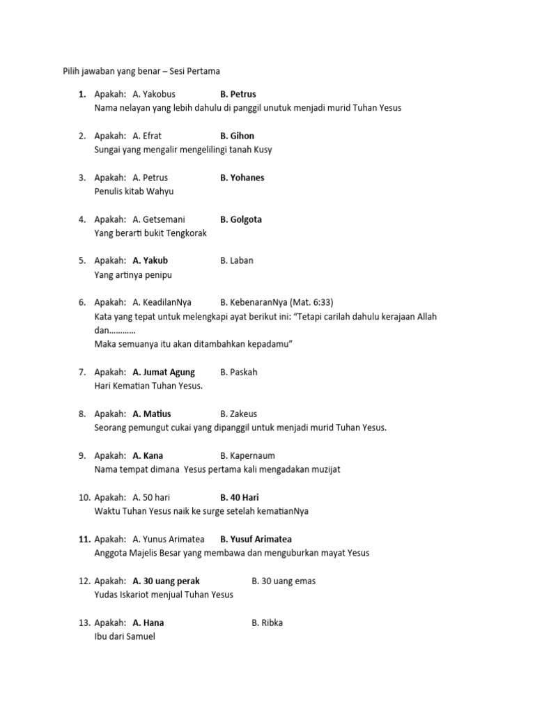 Quiz Alkitab Kls Tanggung, Pra Remaja Dan Remaja | PDF