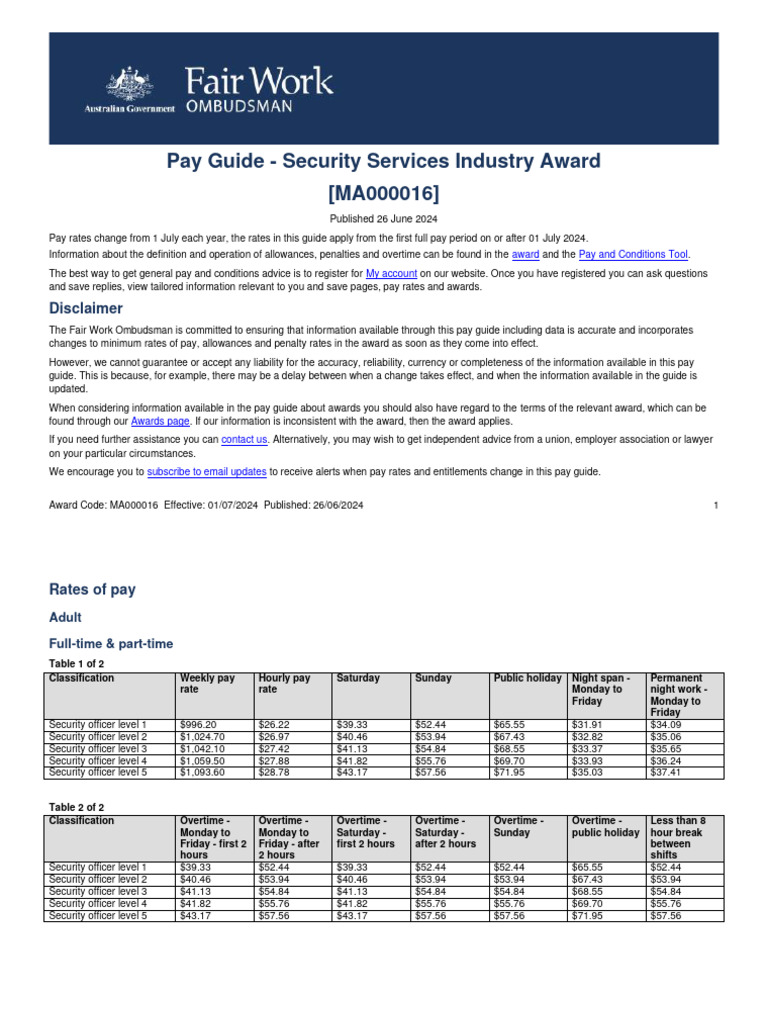 Pay Guide - Security Services Industry Award (MA000016) : Disclaimer ...
