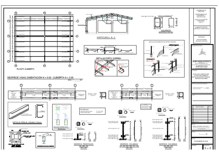 2 PLANTA DE CIMENTACION, PLANTA DE CUBIERTA, DETALLES ESTRUCTURALES, ESPECIFICACIONES-Modelo ...