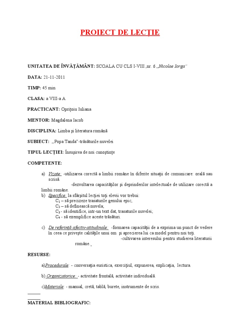 Opritoiu Iuliana Plan de Lectie | PDF