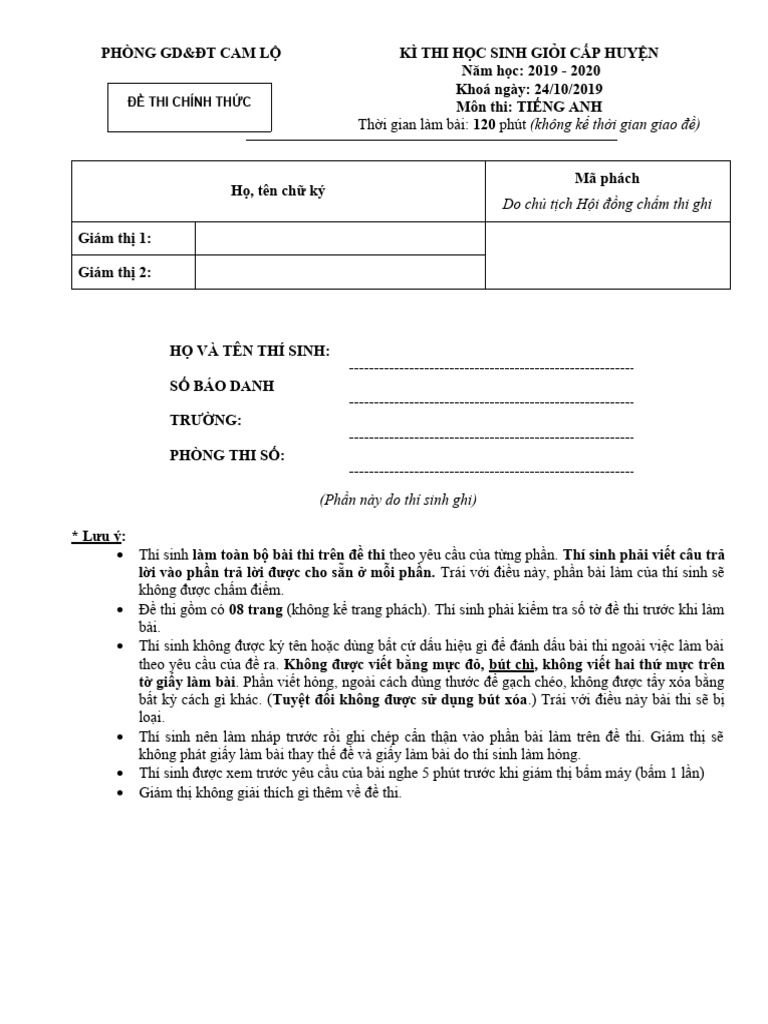 HSG HUYỆN CAM LỘ 2019-2020 | PDF | Vegetables | Meat