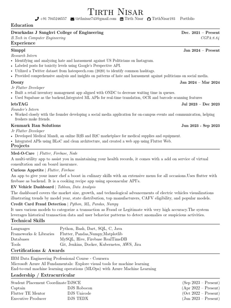 Tirth Nisar Resume Jul | PDF | Machine Learning | Database Transaction