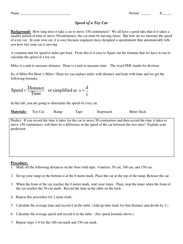 Speed of A Toy Car Lab Sheet | PDF | Speed | Metre