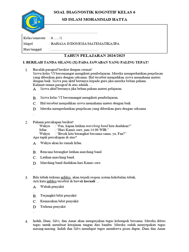 Soal Diagnostik Kognitif Kelas 6 | PDF | Seni & Disiplin Bahasa | Kajian Bahasa Asing