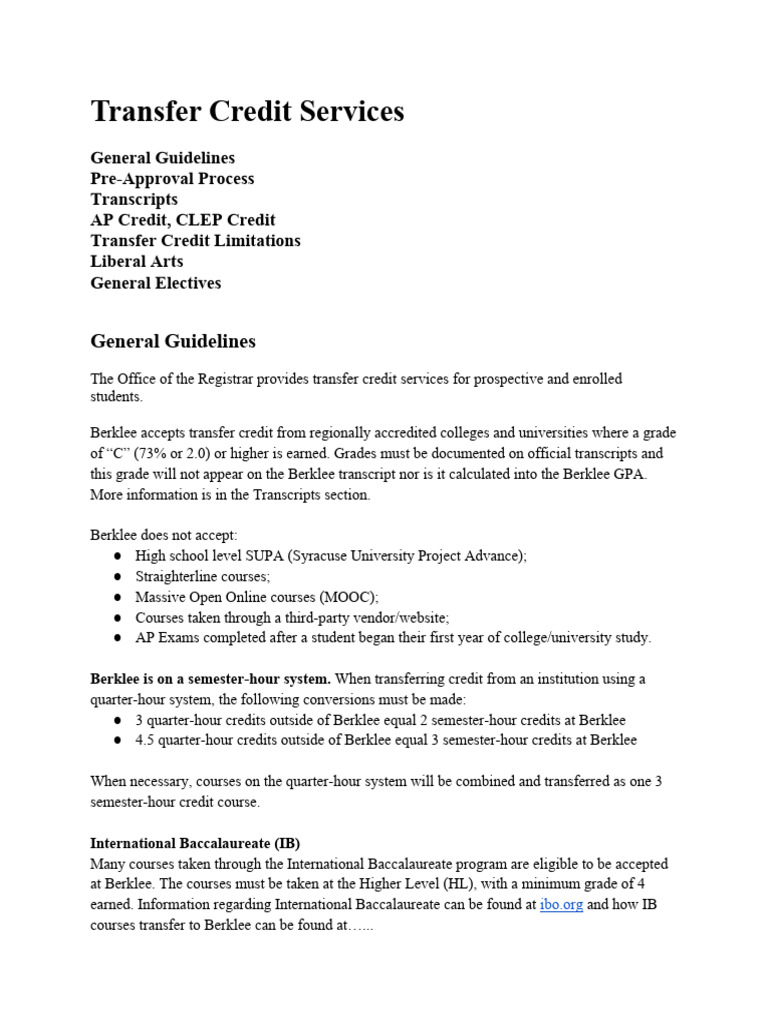 Berklee Transfer Credit Guidelines | PDF | Advanced Placement | College ...