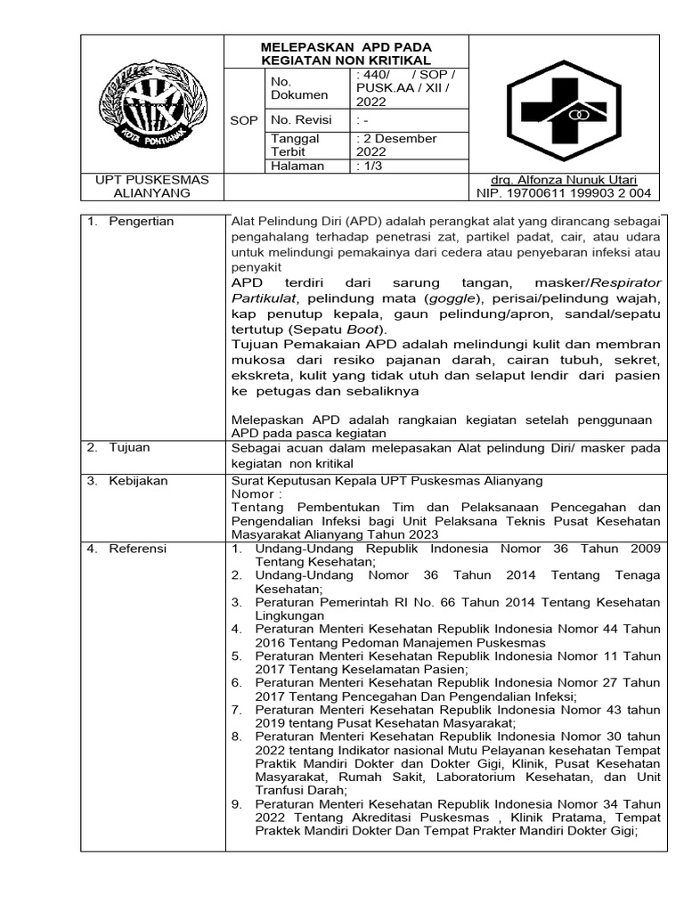 Sop Pelepasan Apd Pada Kegiatan Non Kritikal | PDF