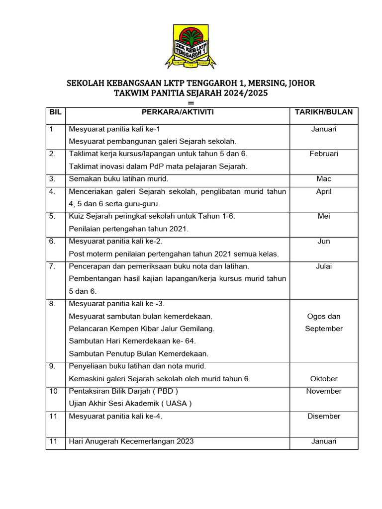 TAKWIM PANITIA SEJARAH 2024-2025 | PDF