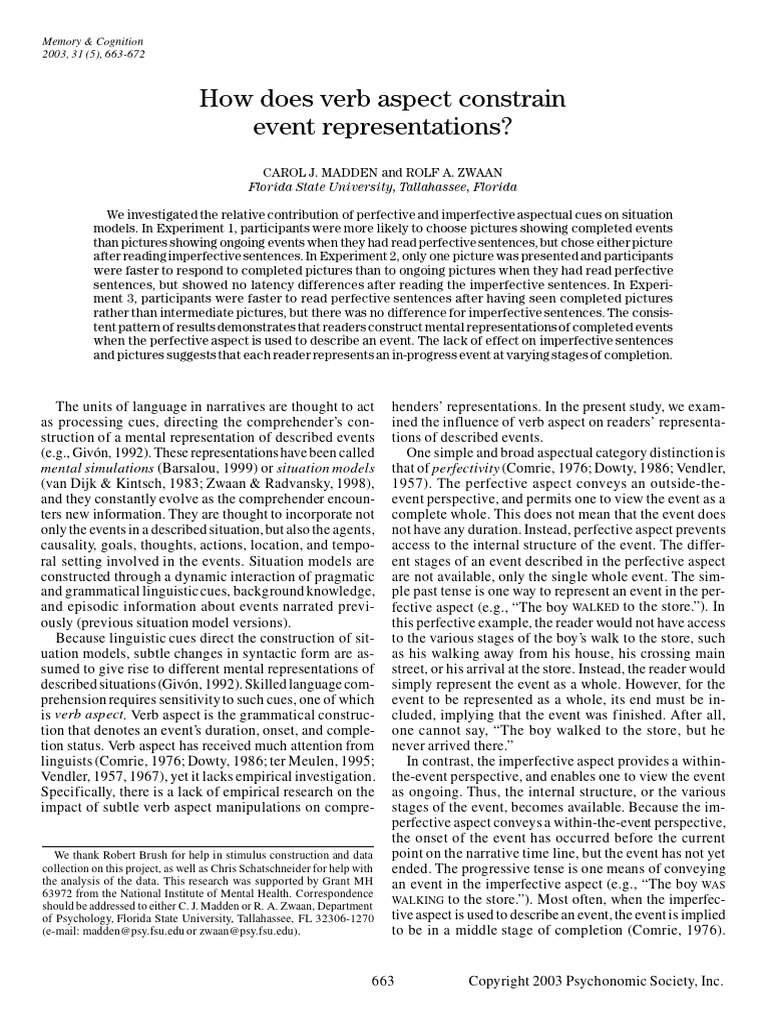 Madden&Zwaan (2003) ) Aspect Constrain Event Repres | PDF | Grammatical ...