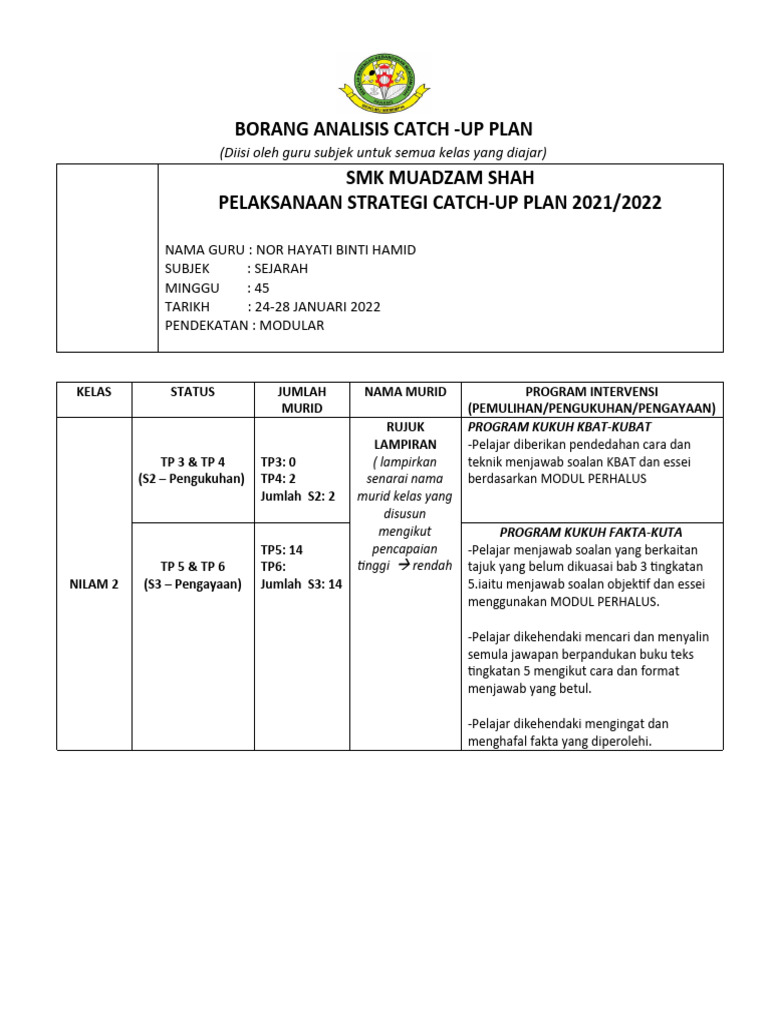 BORANG ANALISIS CATCHUP PLAN 2021 Sej t5 | PDF