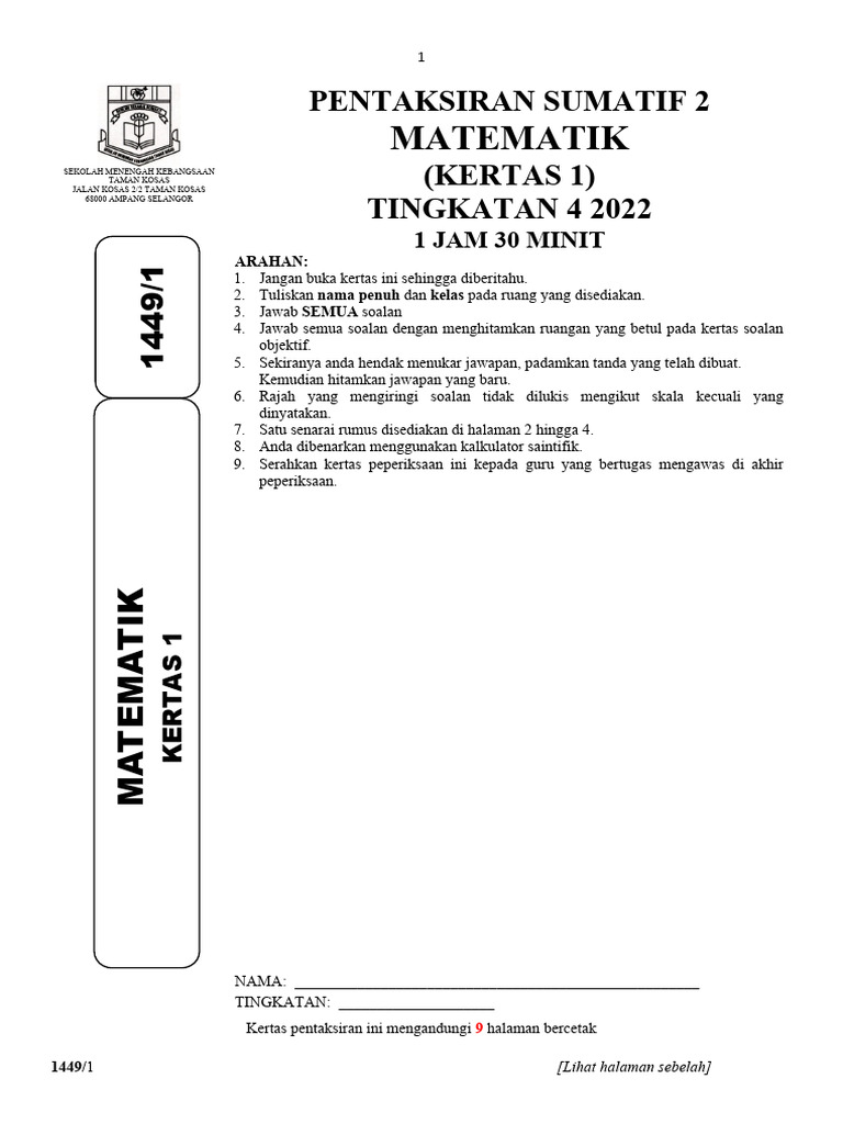 Exam Math Moden F4 Kertas 1 2022 Sebenar | PDF