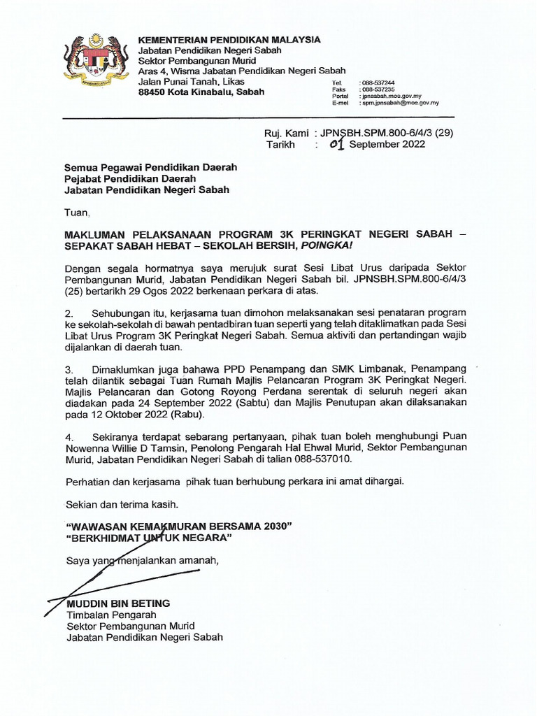 Makluman Pelaksanaan Program 3k Peringkat Negeri Sabah - Sepakat Sabah ...