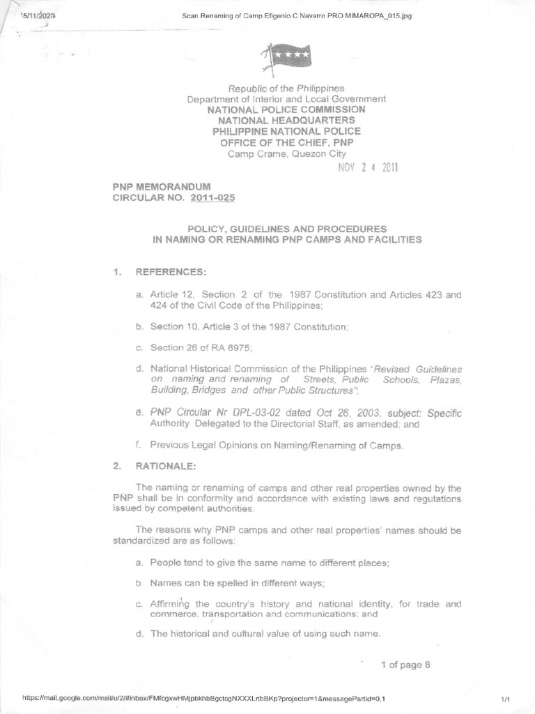 PNP MC No. 2011 025 - Policy Guidelines Procedures in Naming PNP Camps Facilities | PDF