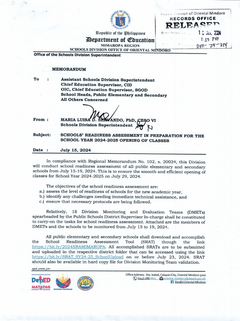 DM Schools Readiness Assessment in Preparation For The School Year 2024 ...
