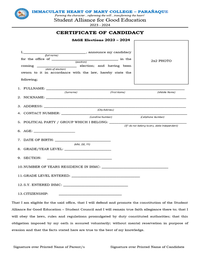 Copy of CERTIFICATE OF CANDIDACY | PDF