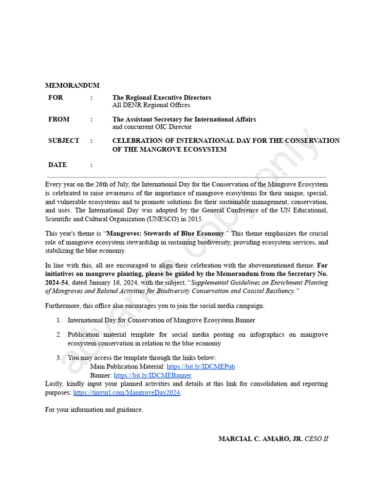 Memo Celebration of International Day For The Conservation of The ...