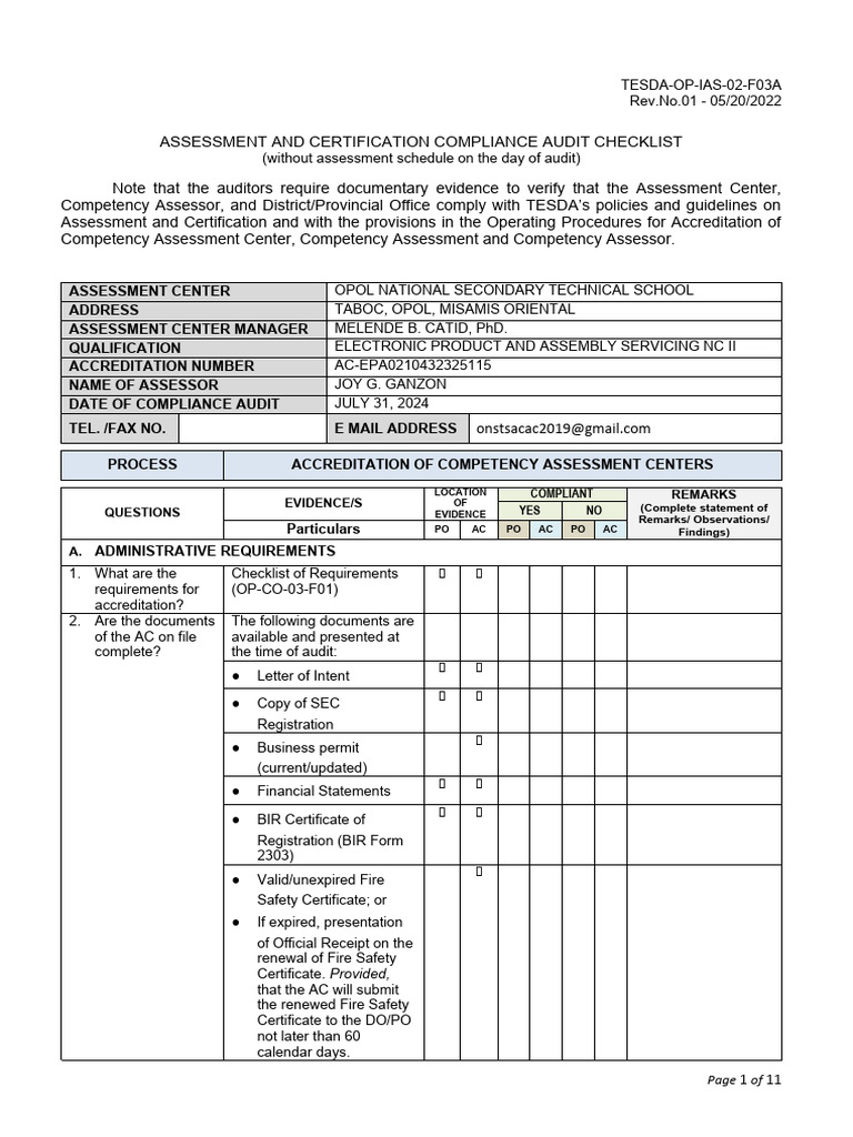 Tesda-Op-Ias-02-F03a - Final | PDF | Audit | Closed Circuit Television