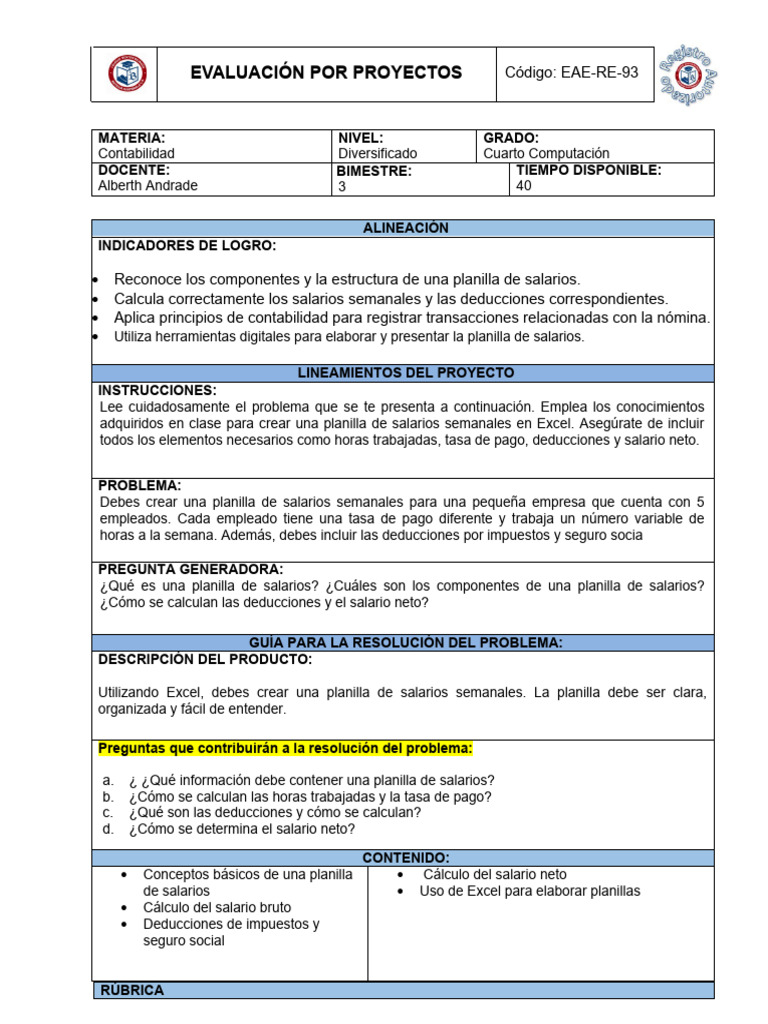 EAE-RE-93 Evaluación Por Proyectos - Cuarto Compu Conta | PDF | Salario | Contabilidad