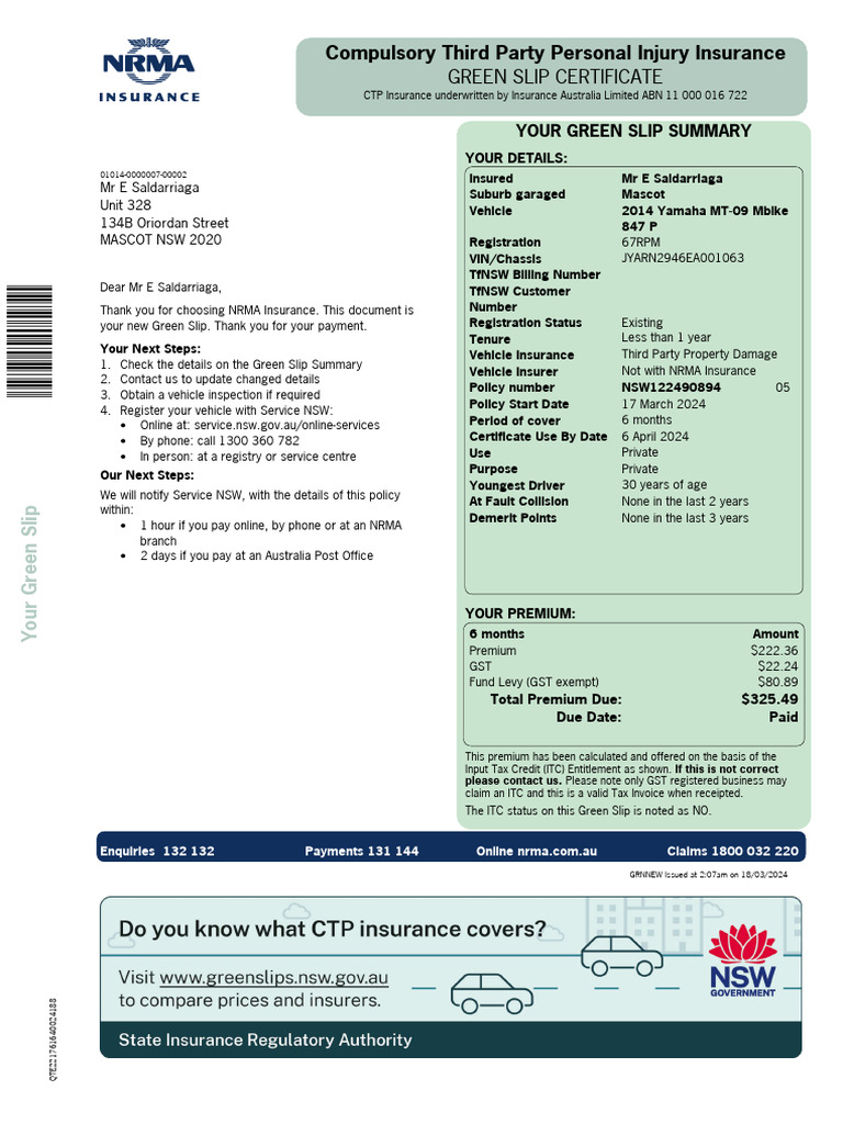 NRMA Green Slip Insurance Certificate | PDF | Vehicle Insurance | Insurance