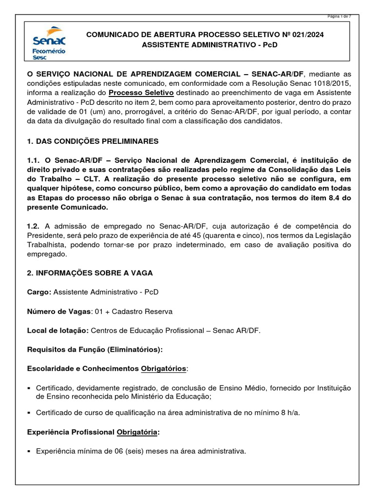 Comunicado De Abertura Processo Seletivo Assistente Administrativo Pcd