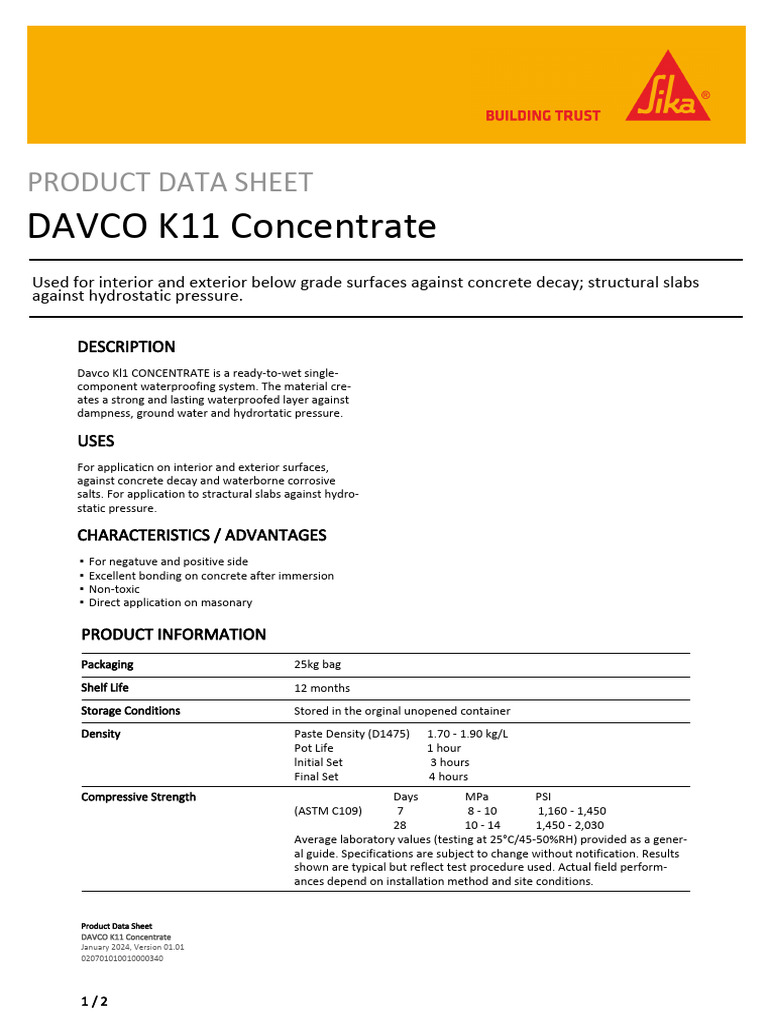 Pds Davco k11 Concentrate | PDF | Concrete | Density