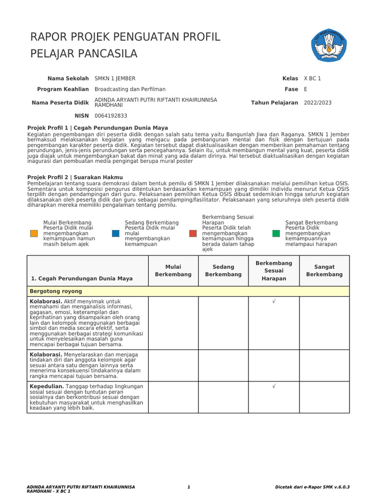 Contoh Rapor P5 | PDF | Karier & Perkembangan